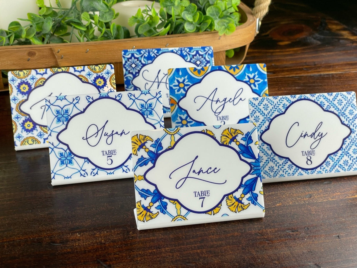 Blue Tile Place Cards, Table Numbers for Seating Chart. Lemon and Navy ...