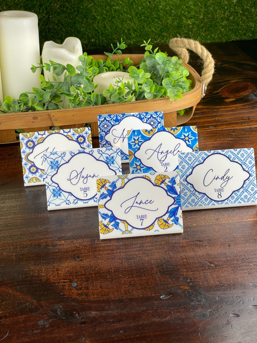 Blue Tile Place Cards, Table Numbers for Seating Chart. Lemon and Navy ...